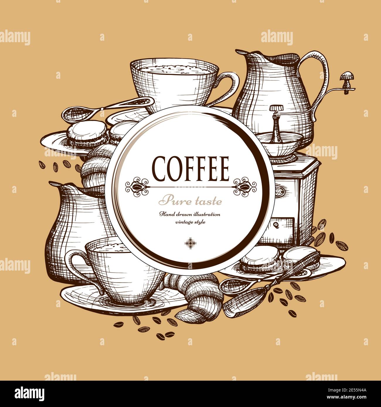 Traditional vintage style decorative morning coffee set composition ...