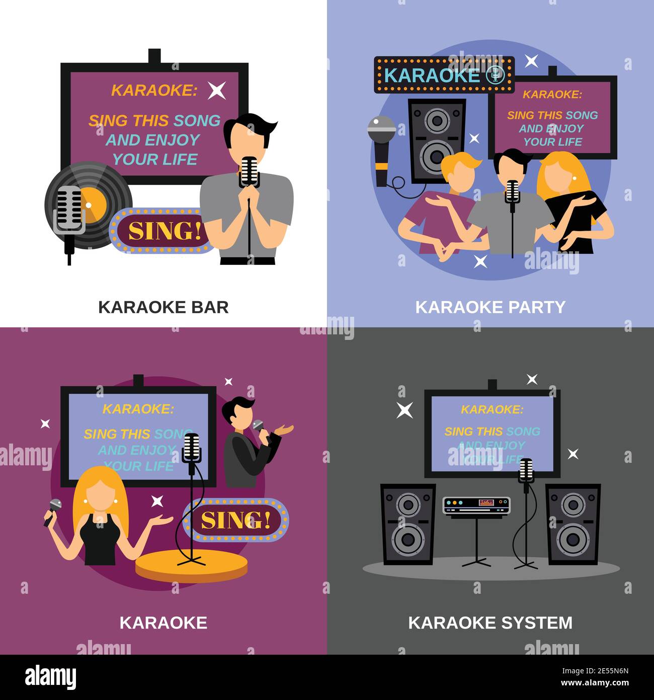 Karaoke design concept set with bar and audio system flat icons ...