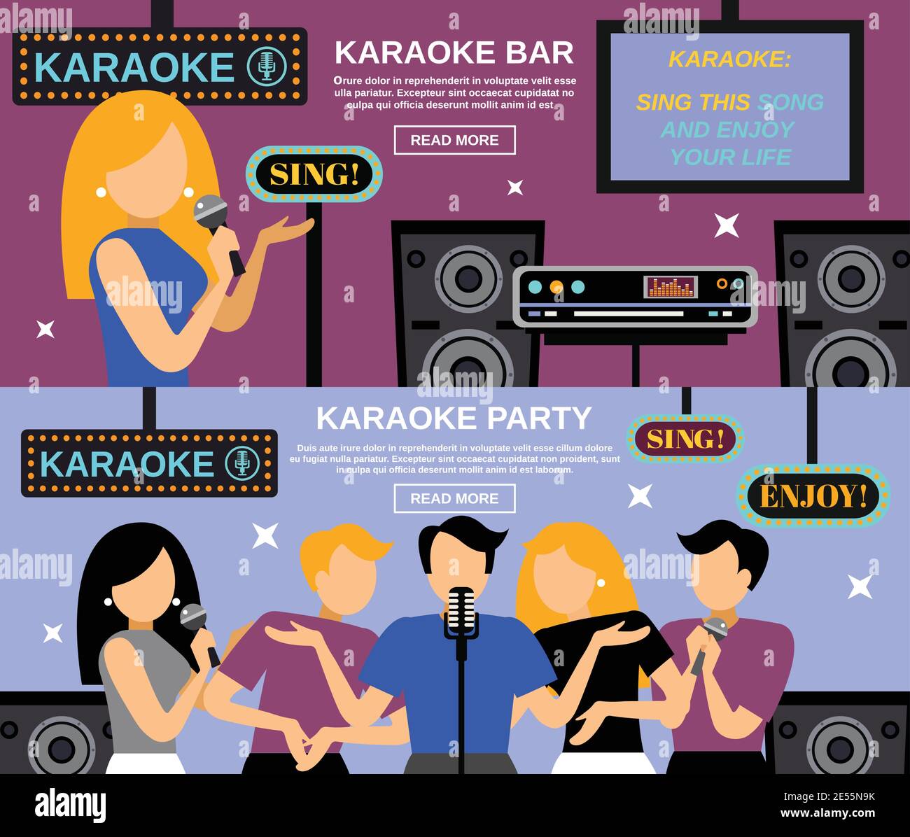 Karaoke horizontal banner set with people singing songs isolated vector ...