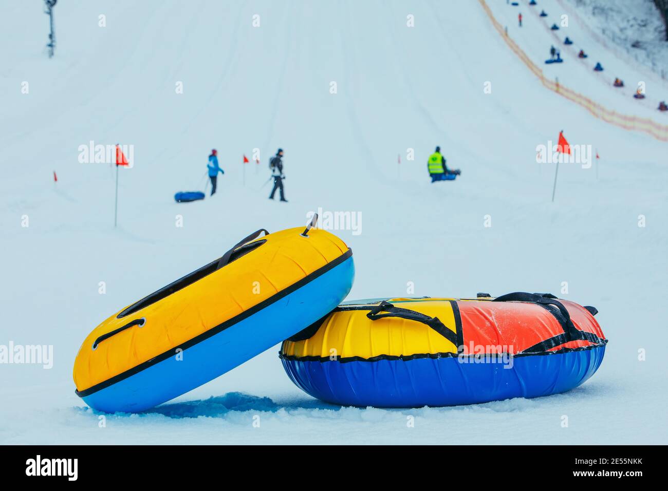 snow tubing rings close up. hill on background Stock Photo - Alamy