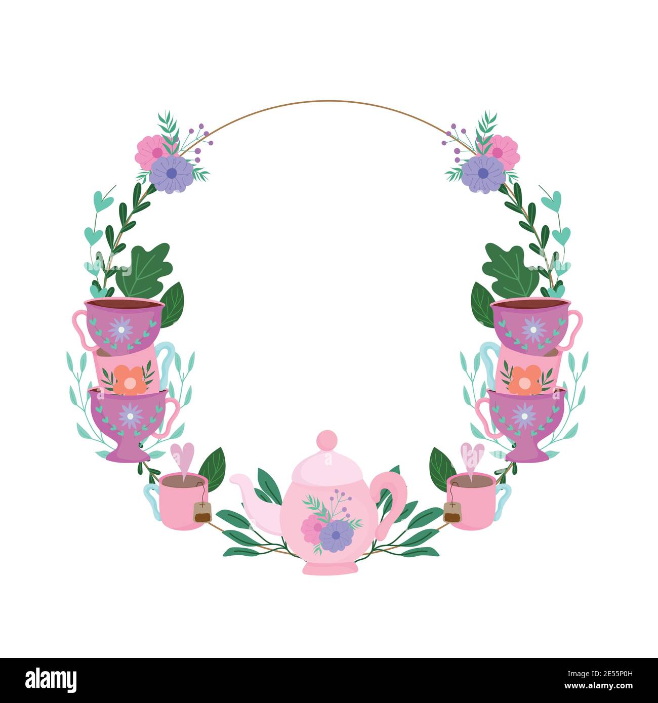 Tea time, floral wreath cups decoration flowers and leaves vector ...