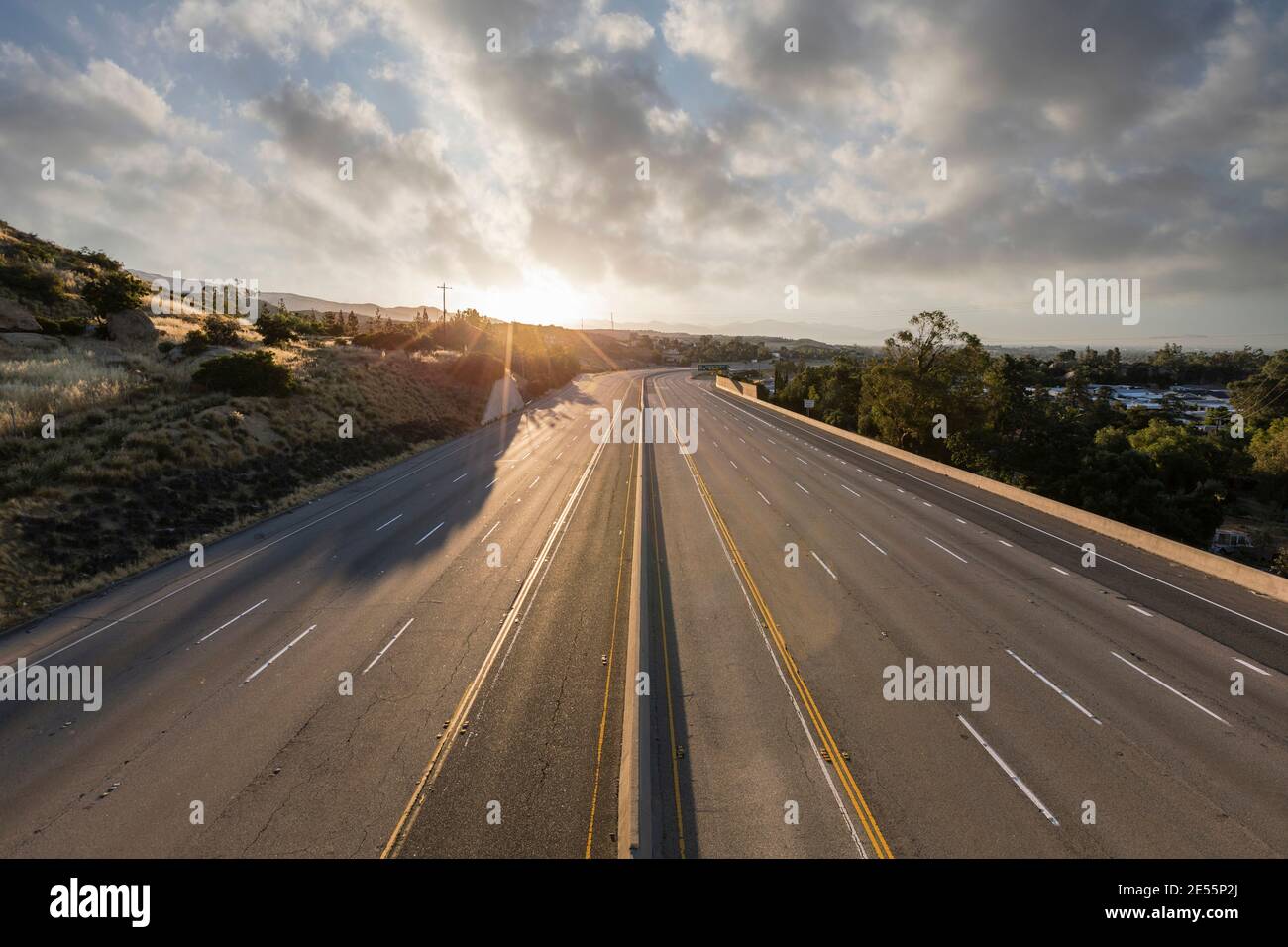 Empty ten lane route 118 freeway with cloudy sky in the Chatsworth area ...