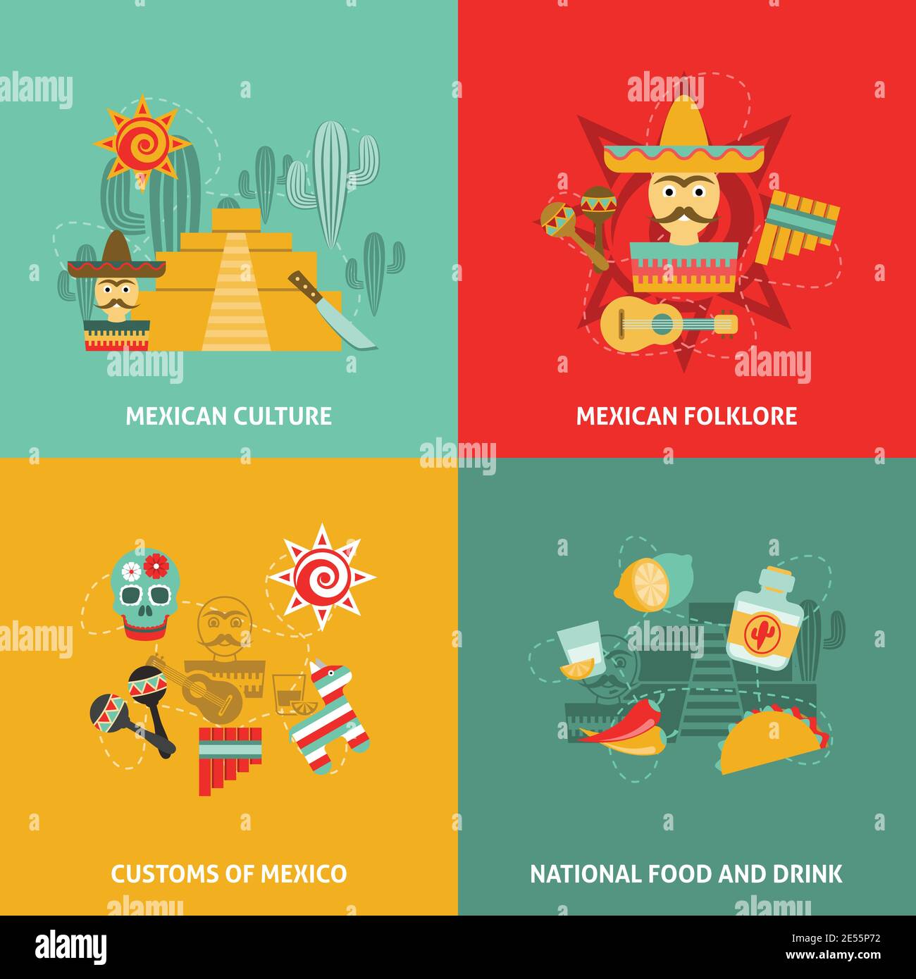 Mexican icons set with culture customs folklore and food symbols flat ...
