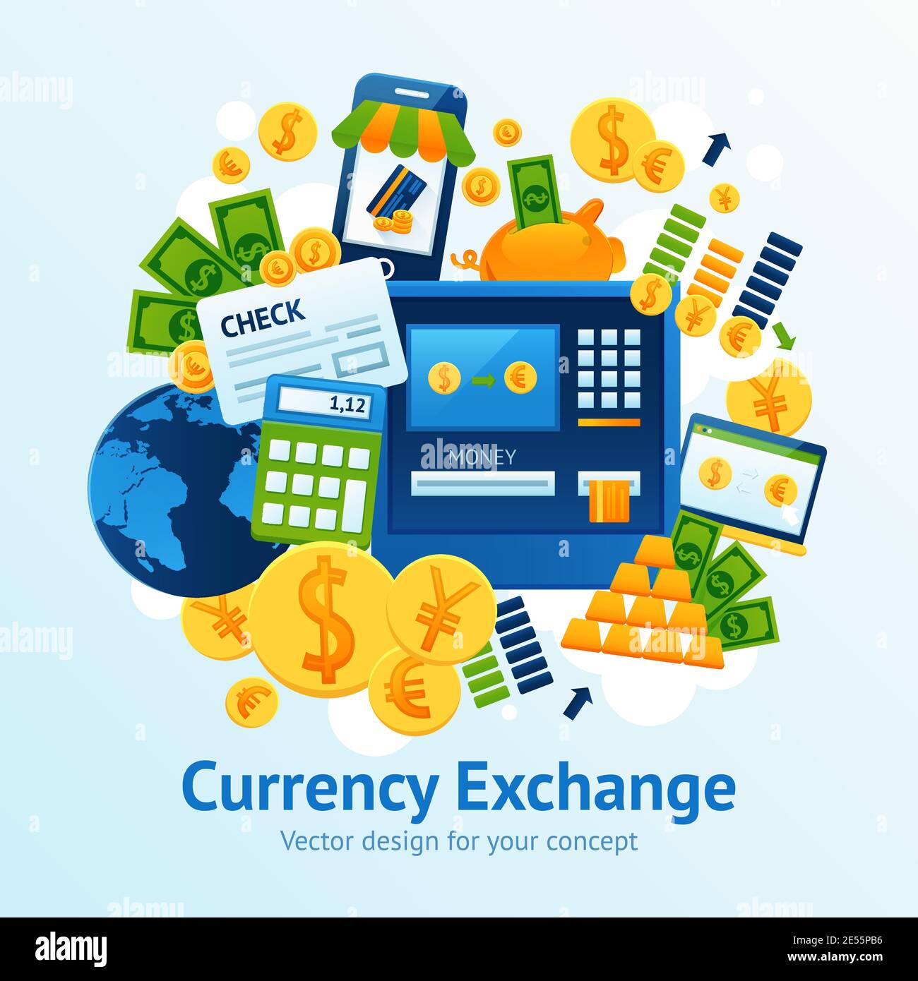 Currency exchange concept with financial market symbols set vector ...