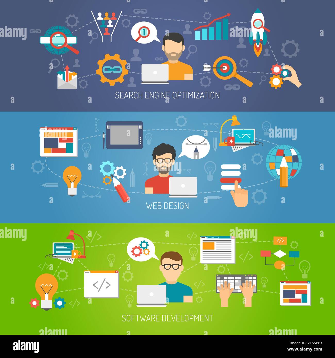 Web banner horizontal set with search engine optimization and software ...