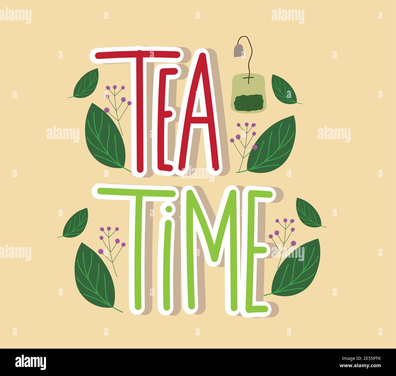Tea time hand drawn lettering and teabag with leaves nature vector ...