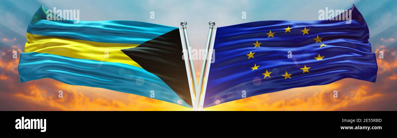 European Union Flag and Bahamas flag waving with texture sky Cloud and ...