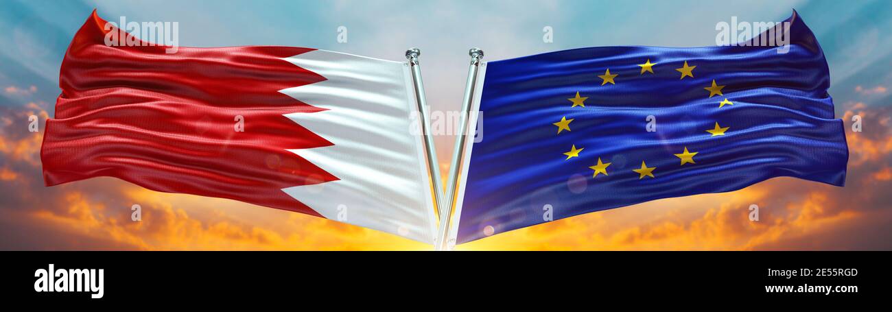 European Union Flag and Bahrain flag waving with texture sky Cloud and ...