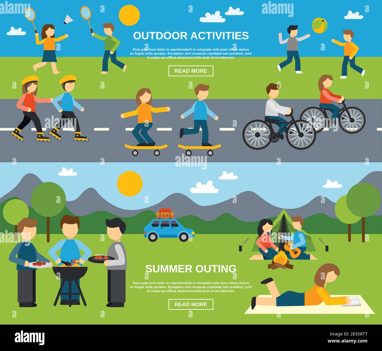 Outing horizontal banner set with outdoor activities isolated vector ...