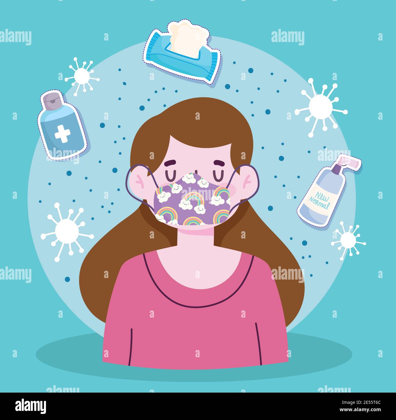 new normal lifestyle, girl with mask alcohol bottle and tissue paper ...