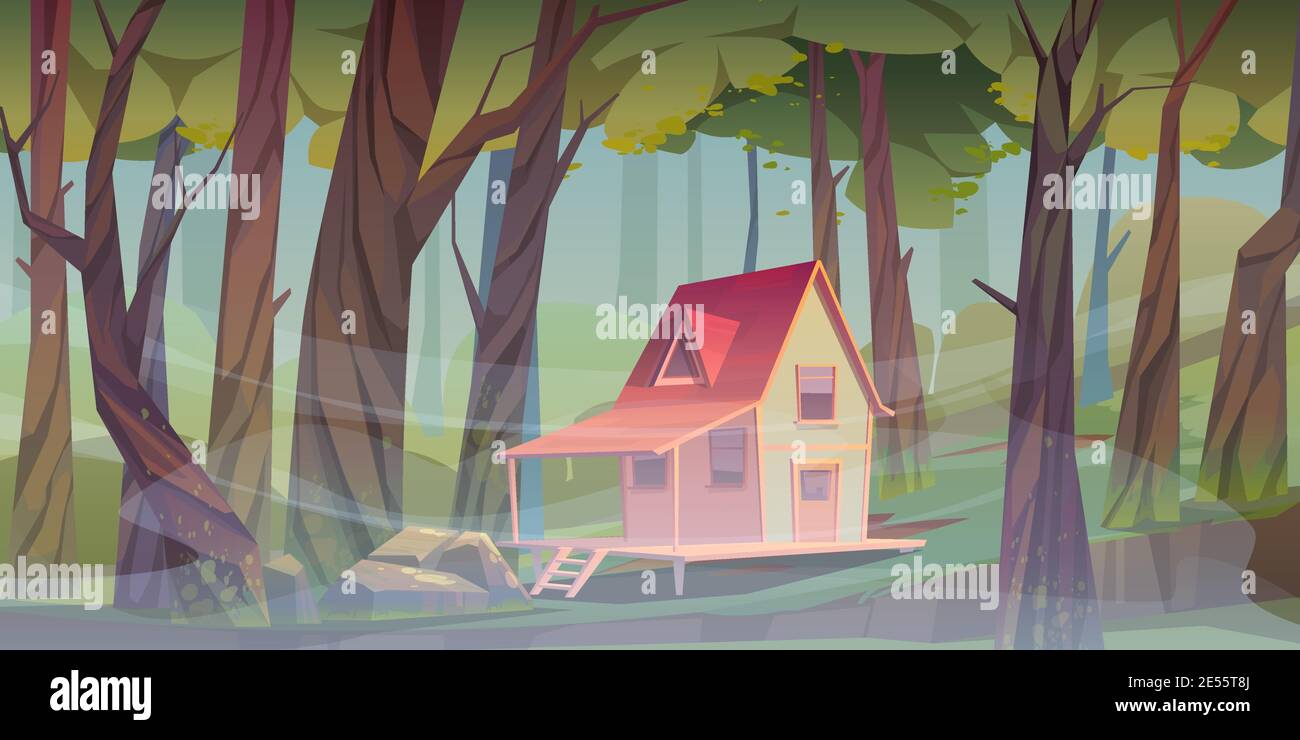 Wood house in forest with morning fog. Forester shack. Vector cartoon ...
