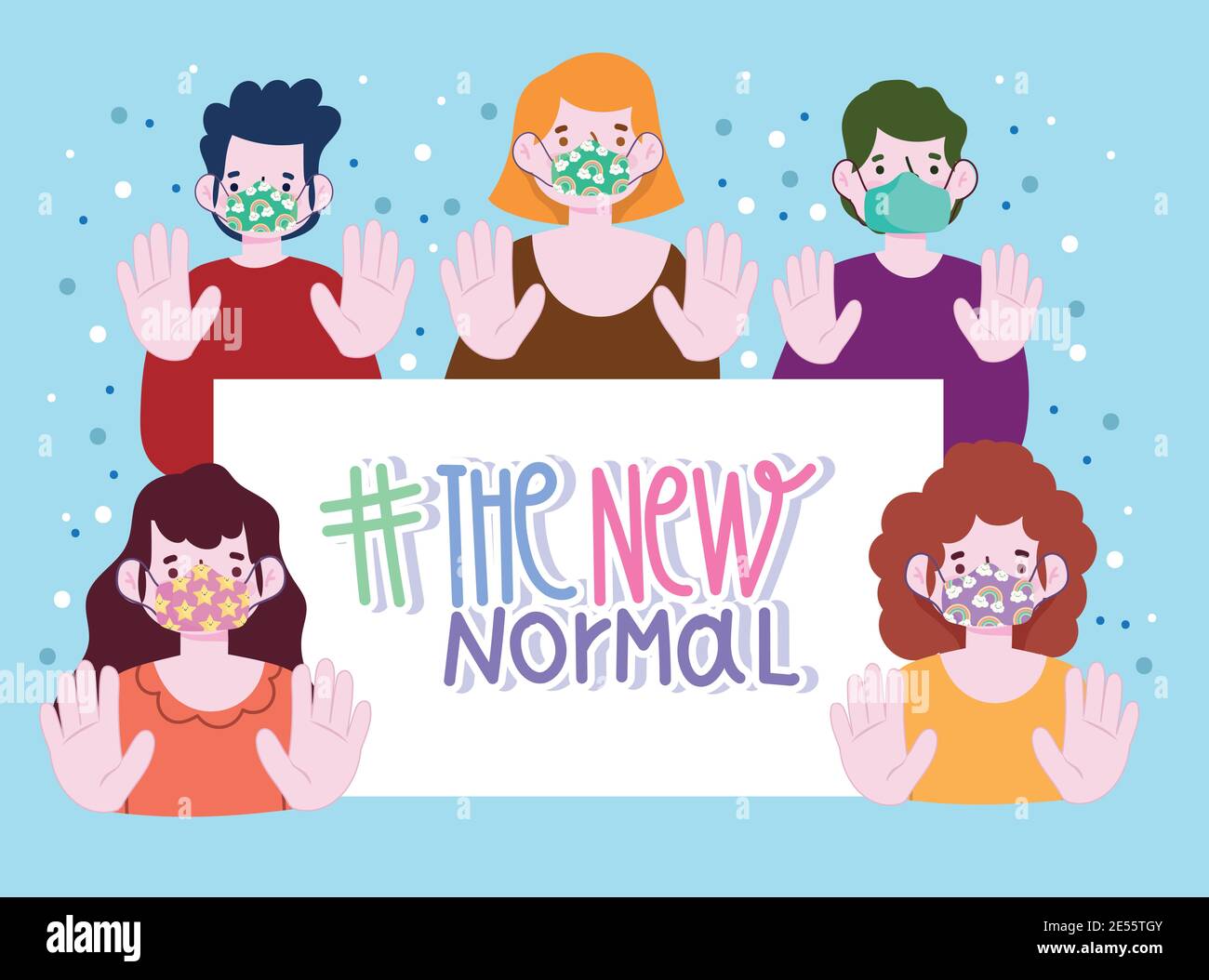 new normal lifestyle, young people wearing protective masks cartoon ...