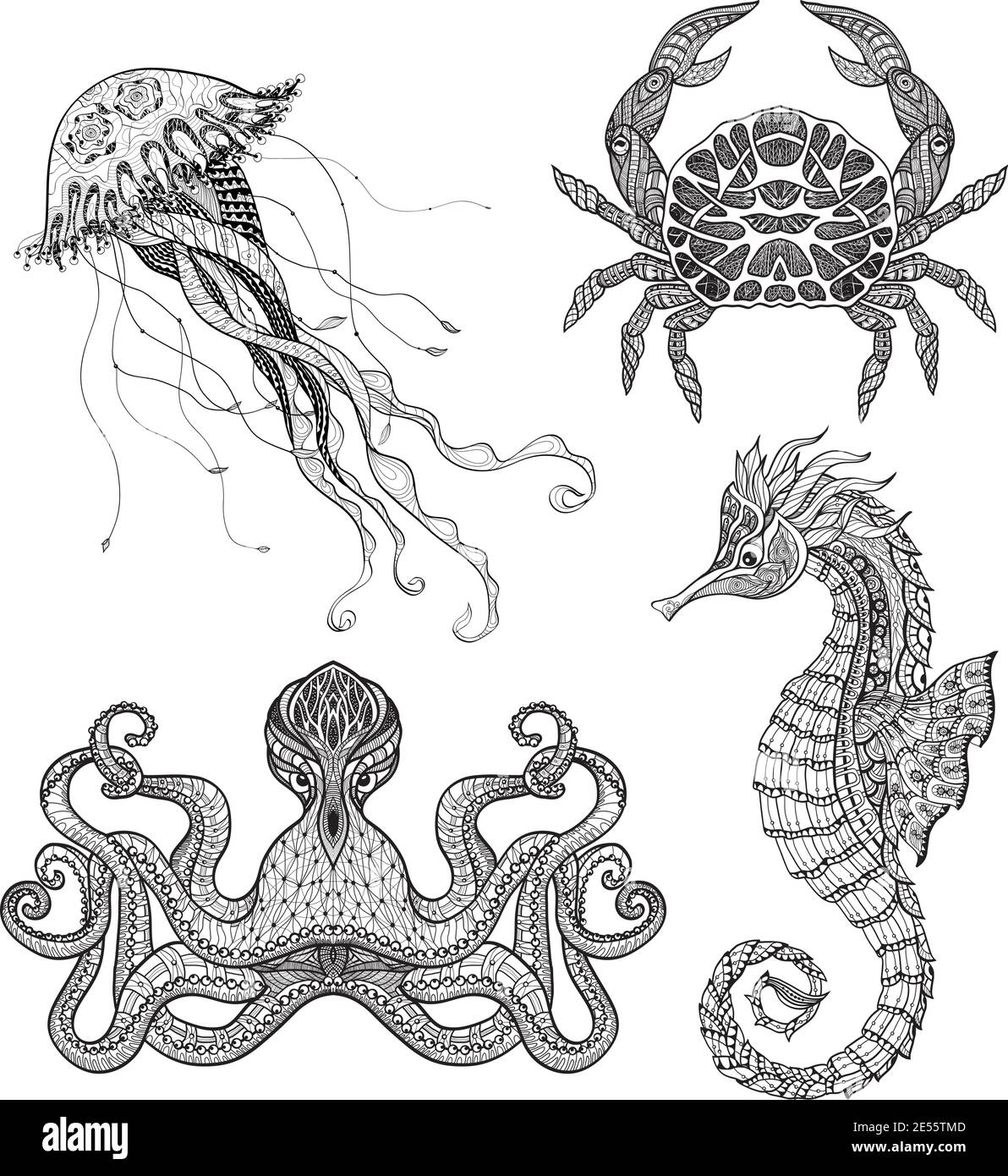 Sea animals seahorse octopus jellyfish and crab doodle icons set black ...