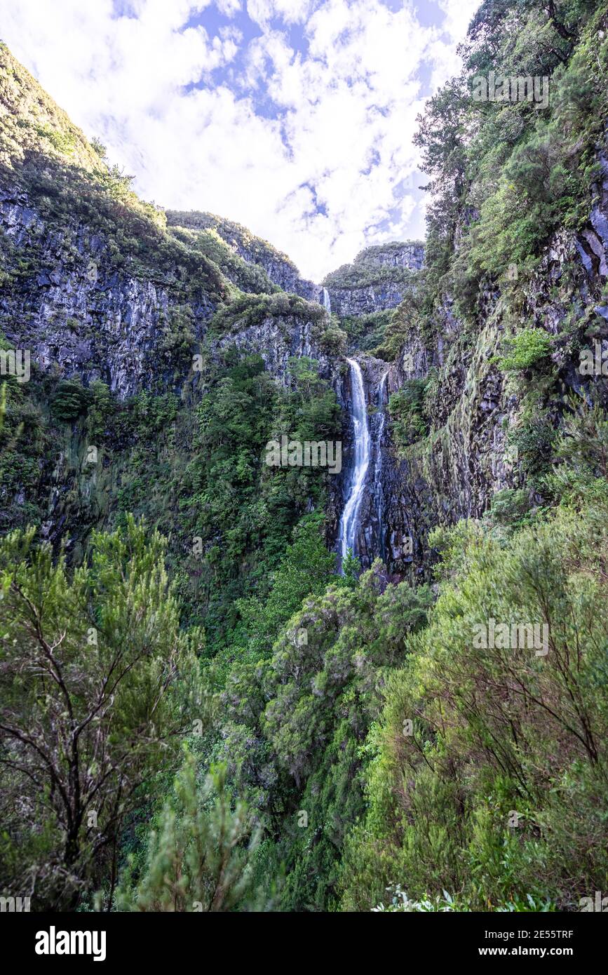 The Risco Waterfall of the island of Madeira on a sunny day Stock Photo ...