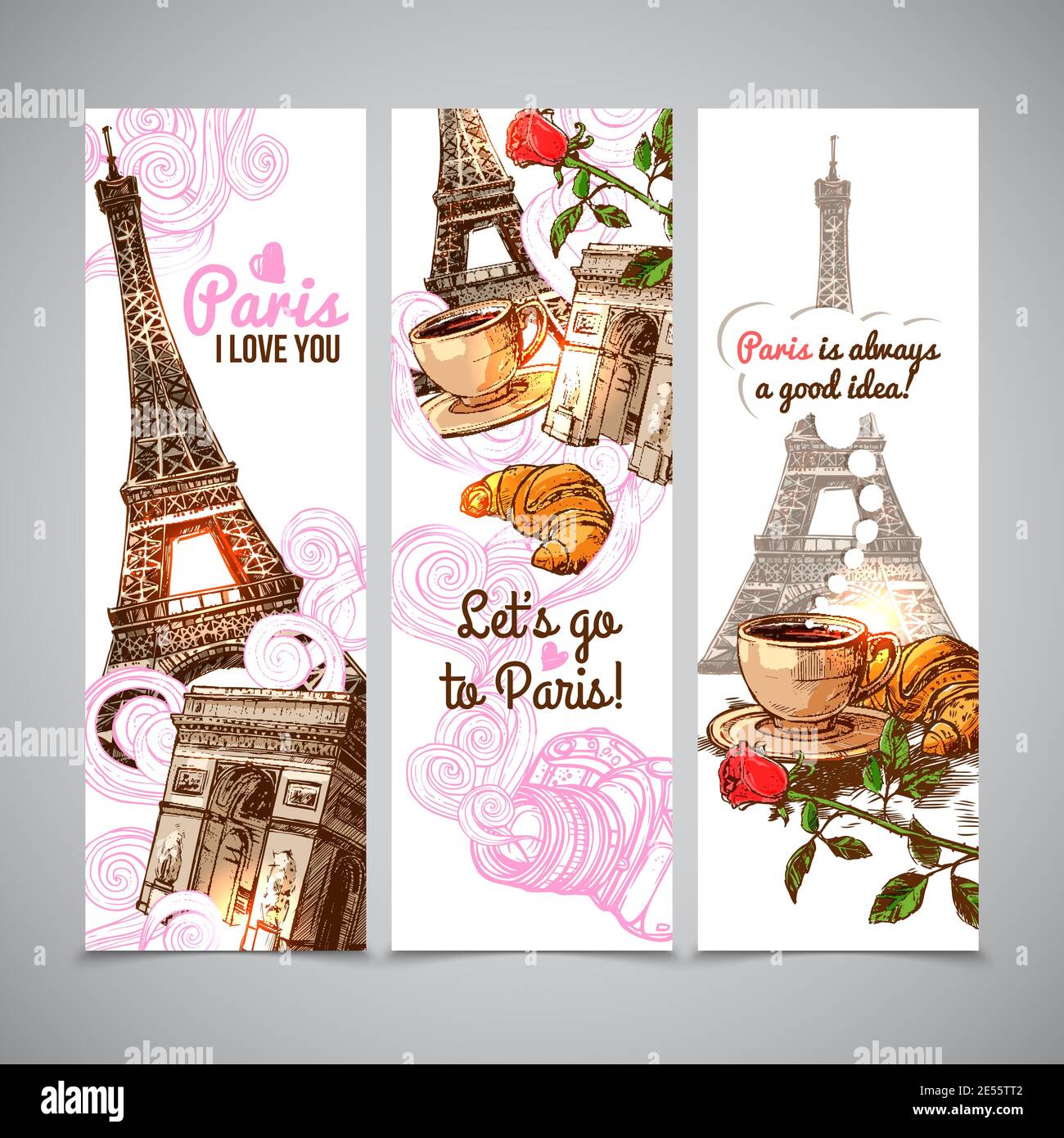 Paris vertical banners with sketch eiffel tower coffee cup and ...
