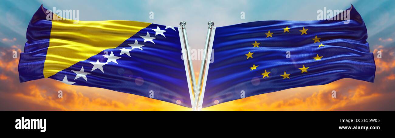 European Union Flag and Bosnia and Herzegovina flag waving with texture ...