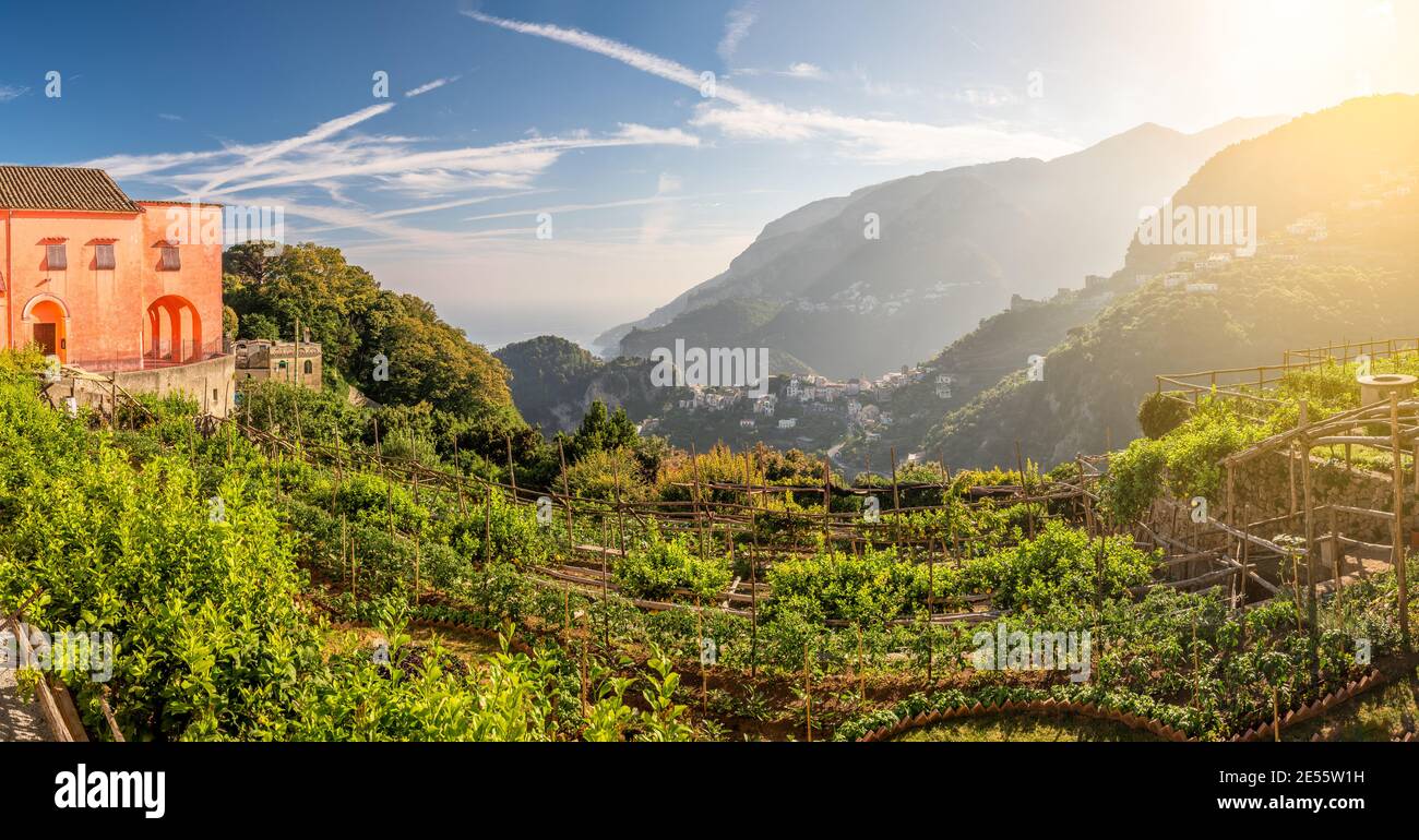 Landscape with Ravello town at the hills of the famous amalfi coast ...