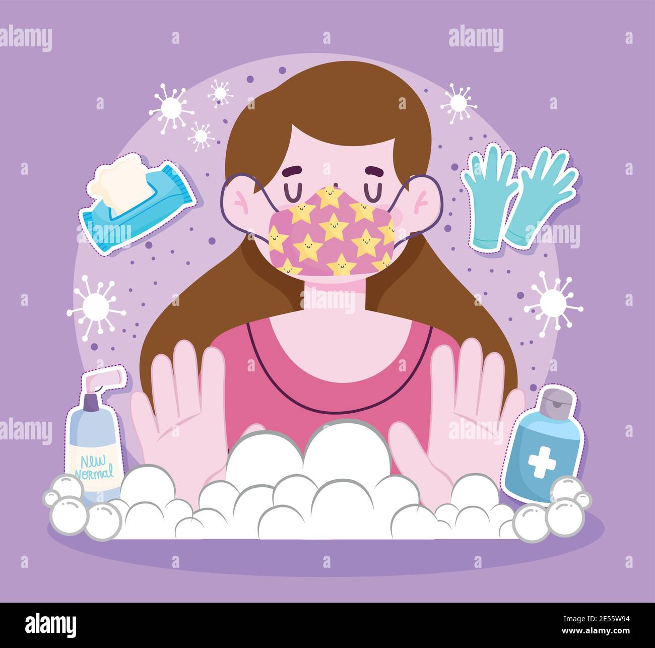 new normal lifestyle, woman with mask gloves tissue paper alcohol ...