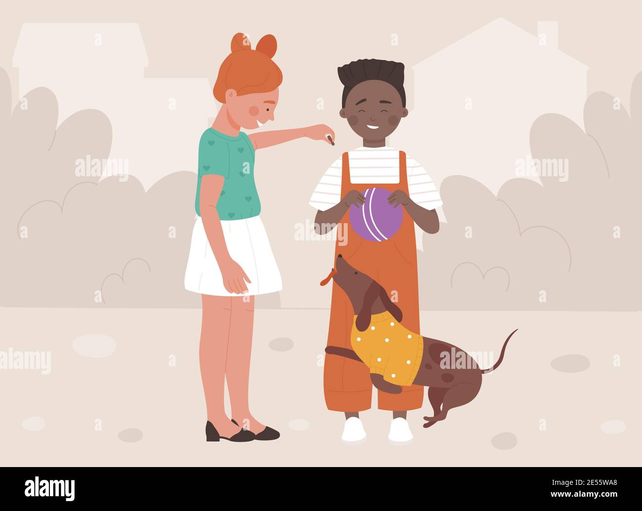 Kids playing with pet vector illustration set. Cartoon boy and girl ...