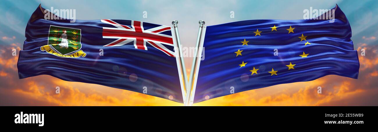 European Union Flag and British Virgin Islands flag waving with texture ...