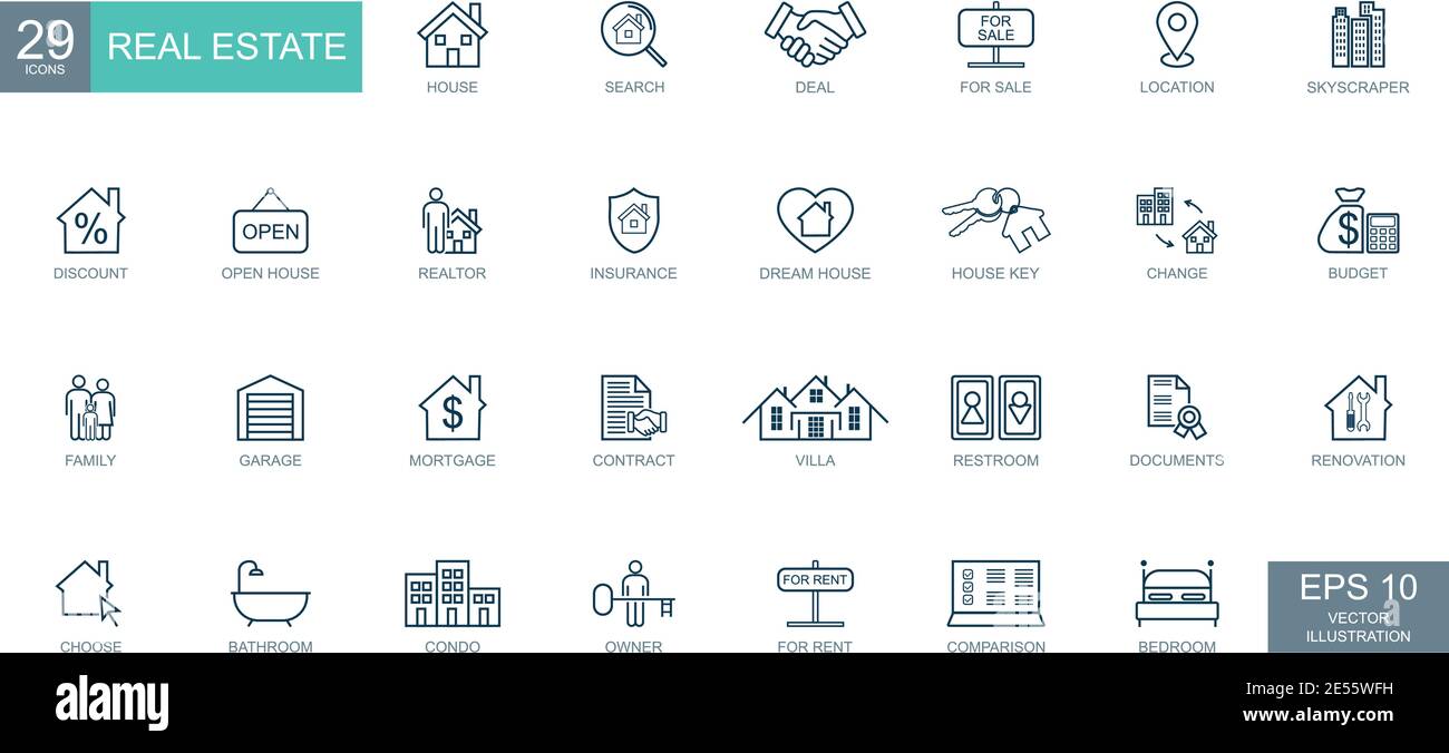 Large conceptual set of 29 pieces of icons on the topic of real estate ...