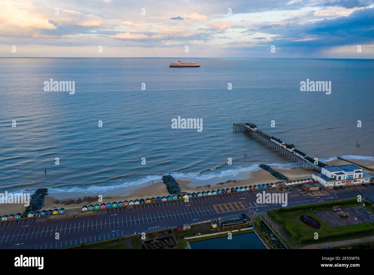 Aerial view of Southwold pier with a ferry in the East of England Stock ...