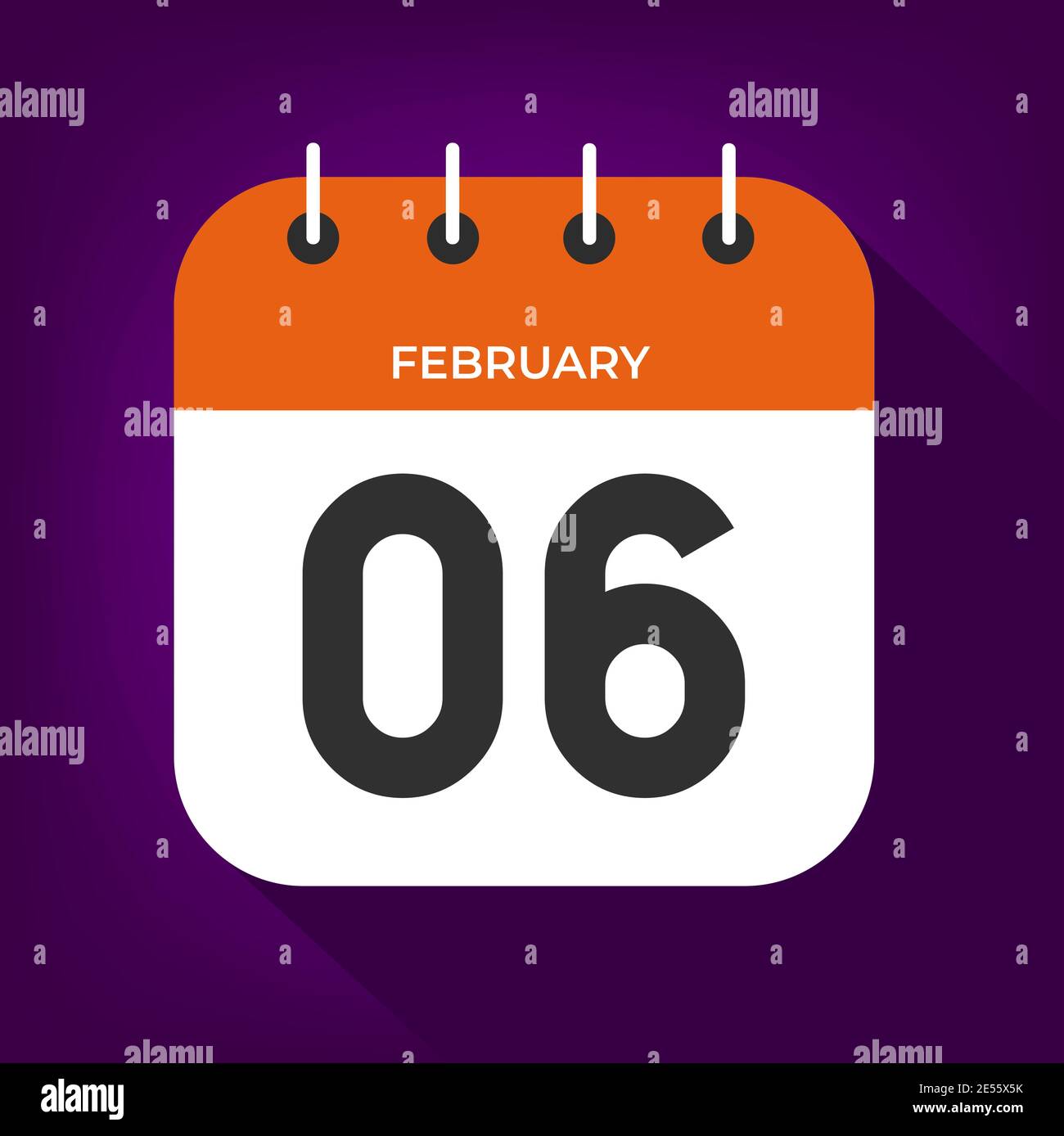 February day 6. Number six on a white paper with orange color border on ...