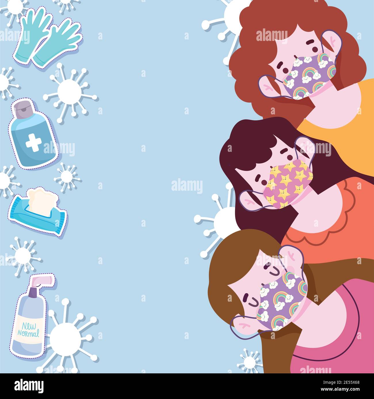 new normal lifestyle, cartoon women with masks and disinfectant kit ...