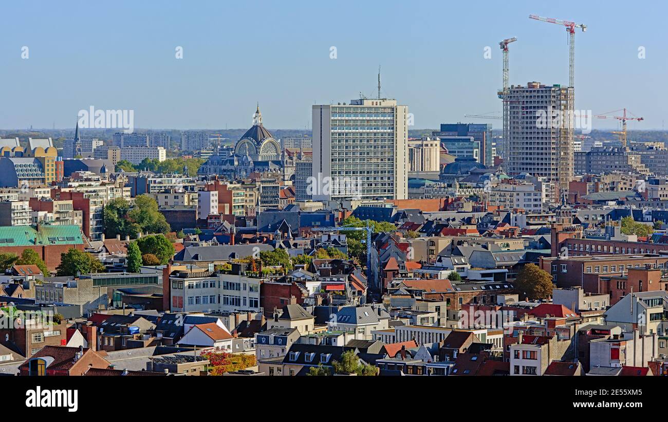 Aerial view on the rooftops, church and office towers of the city of ...
