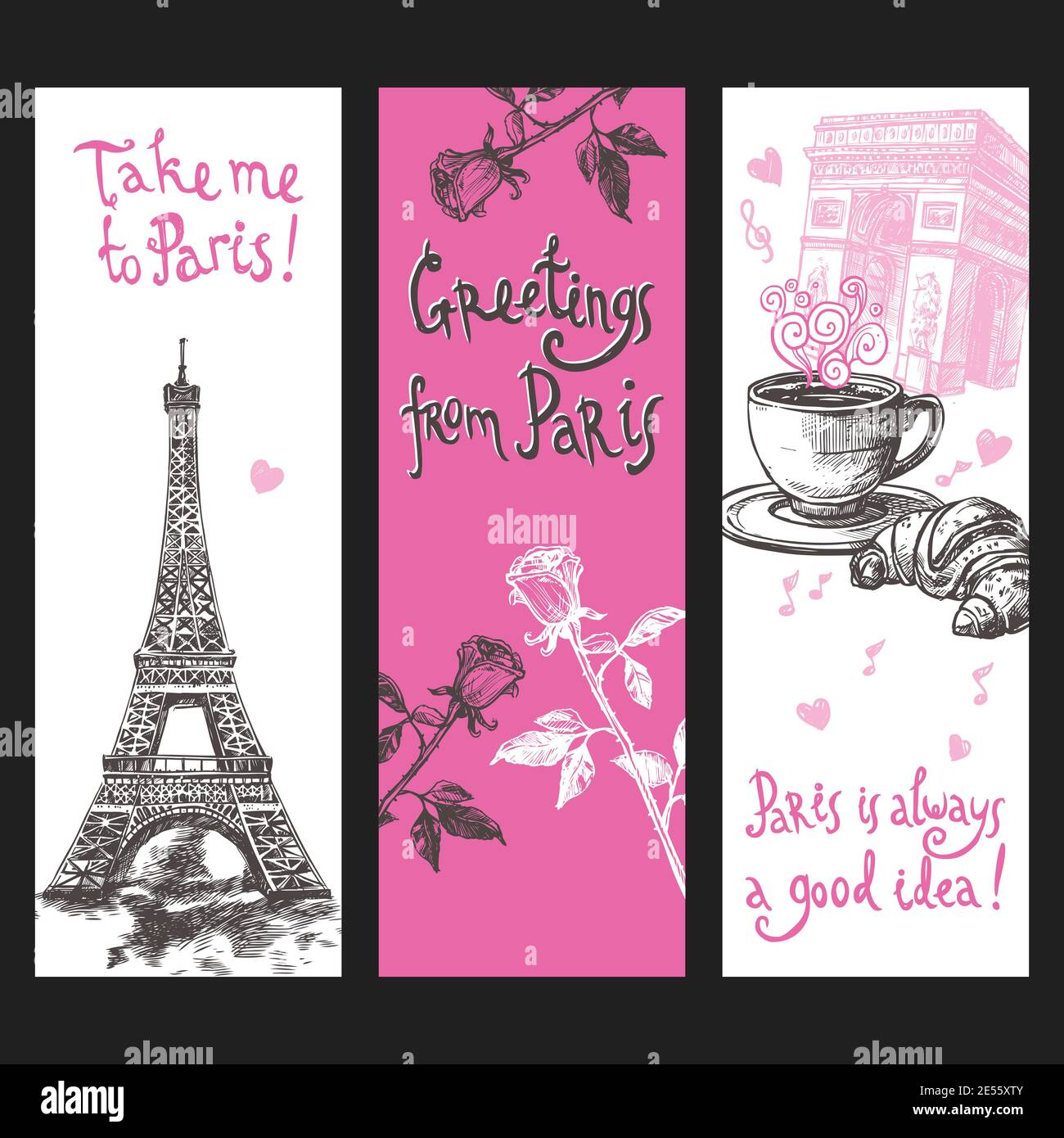 Paris vertical banner set with hand drawn eiffel tower flowers and ...