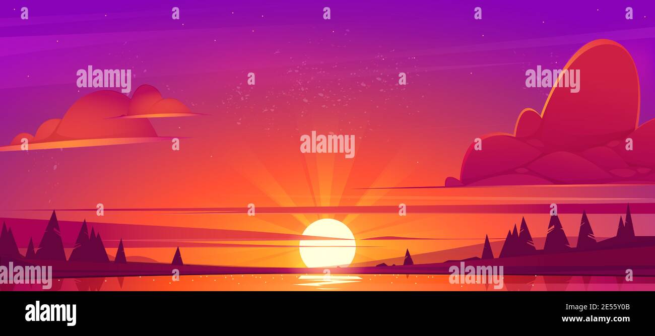 Sunset landscape with lake, clouds on red sky, silhouettes on hills and ...