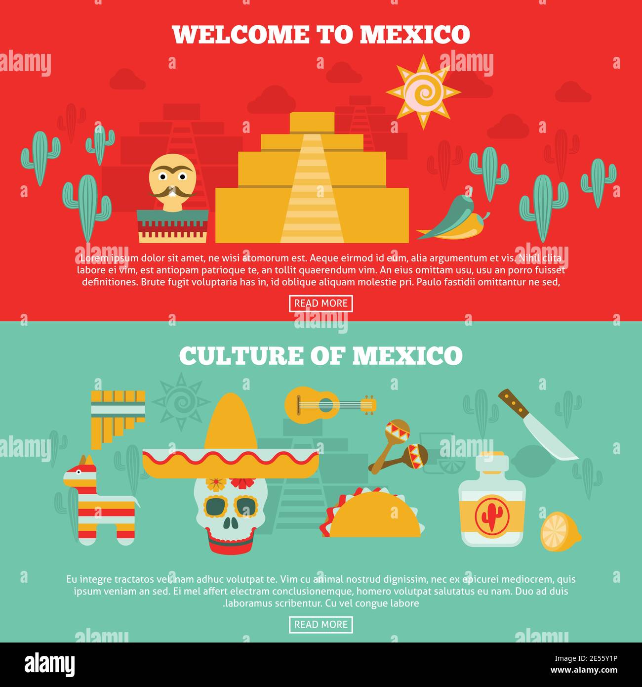Mexican horizontal banners set with culture and tourism symbols flat ...