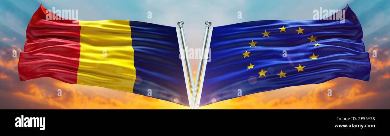 European Union Flag and Chad flag waving with texture sky Cloud and ...