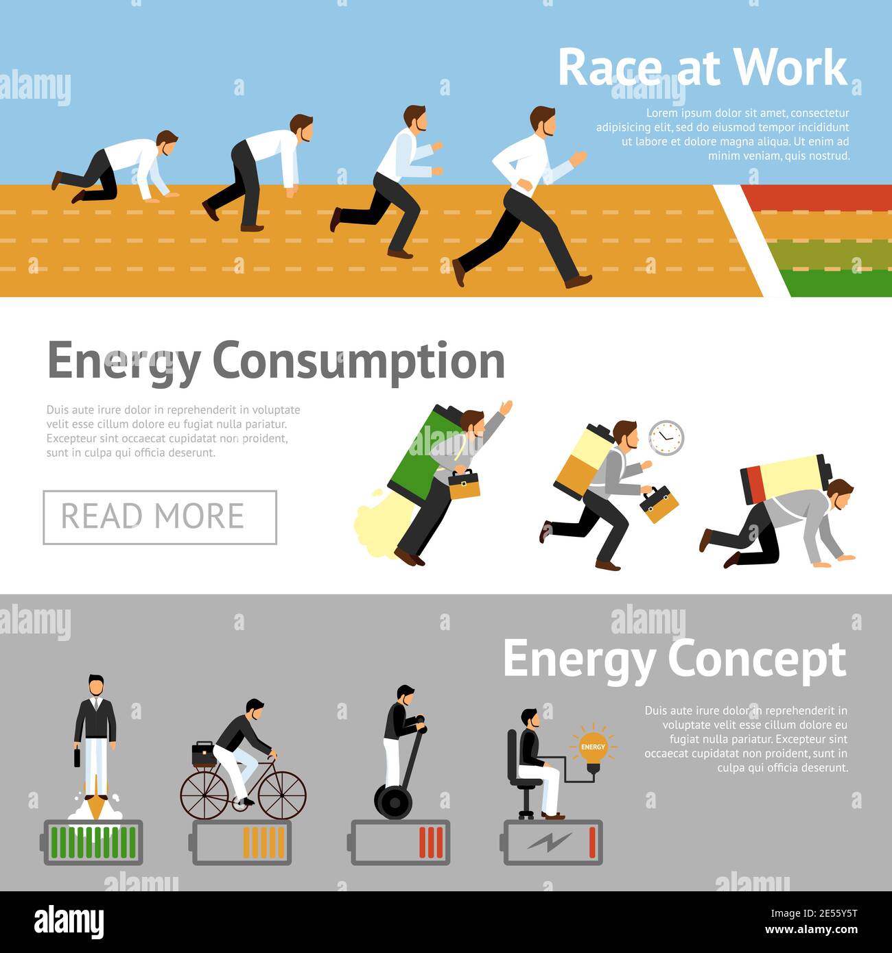 Businessman productivity horizontal banner set with energy consumption ...