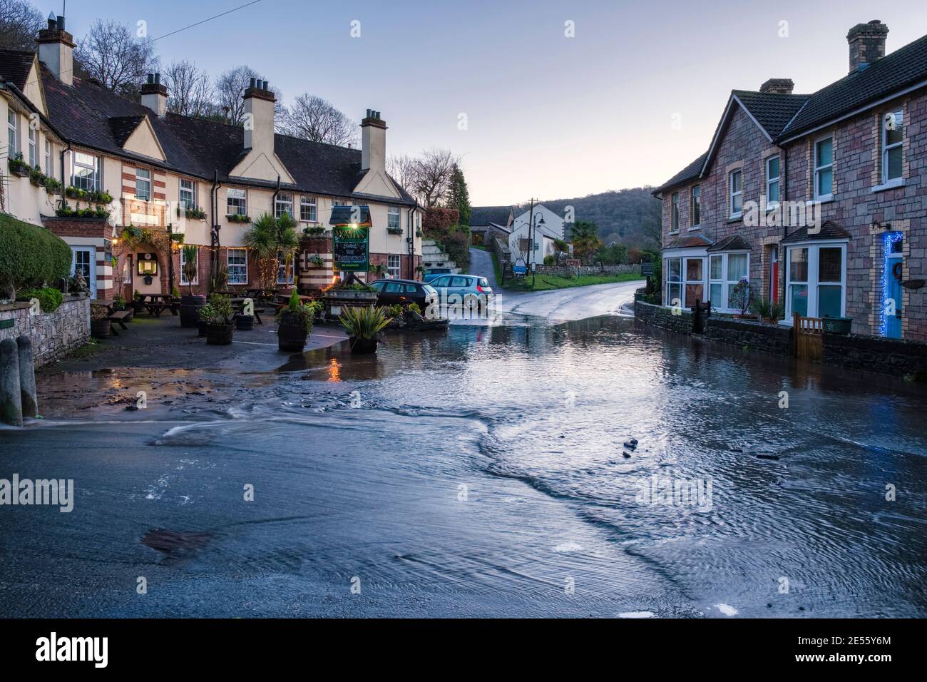 Rising flood water on the A466 Wye valley road at Tintern Stock Photo ...