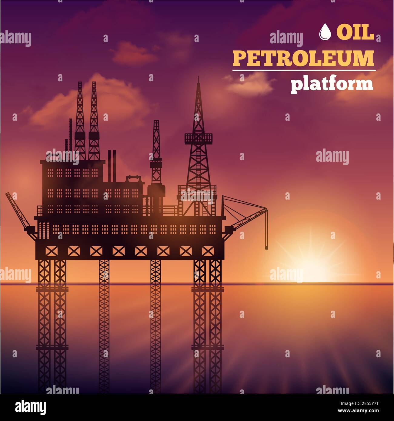Oil petroleum sea platform building with sunset on background vector ...