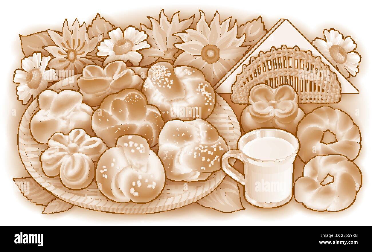 Buns, flowers, milk, napkins hand drawn vector doodle illustration ...