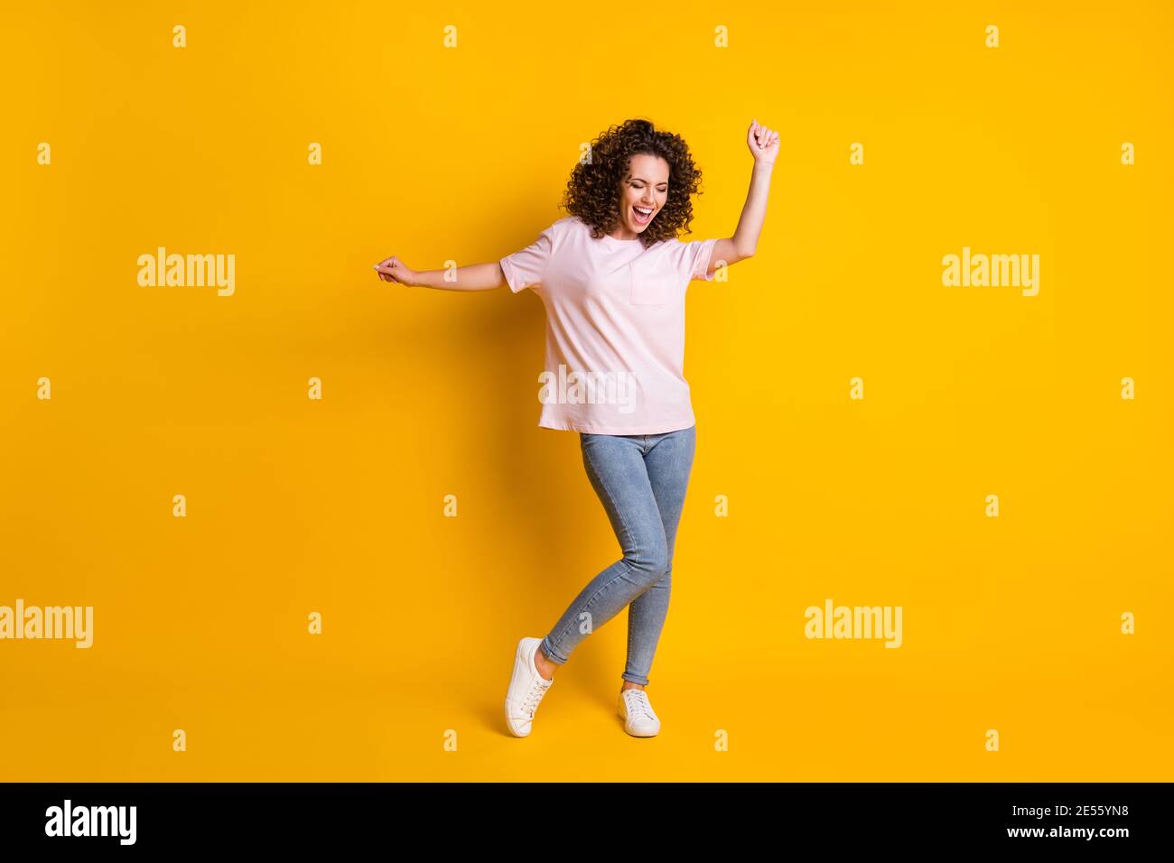 Photo portrait full body view of happy dancing woman isolated on vivid ...