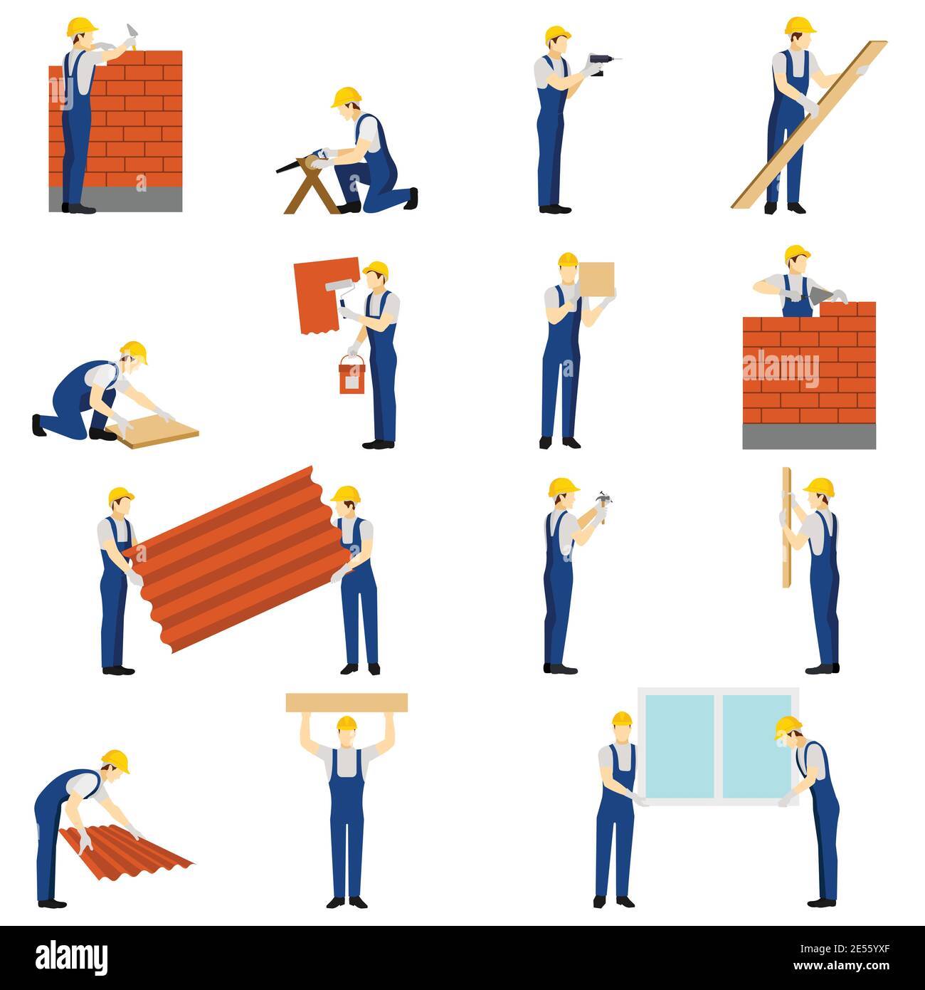 Builders icons set with work people silhouettes isolated vector ...