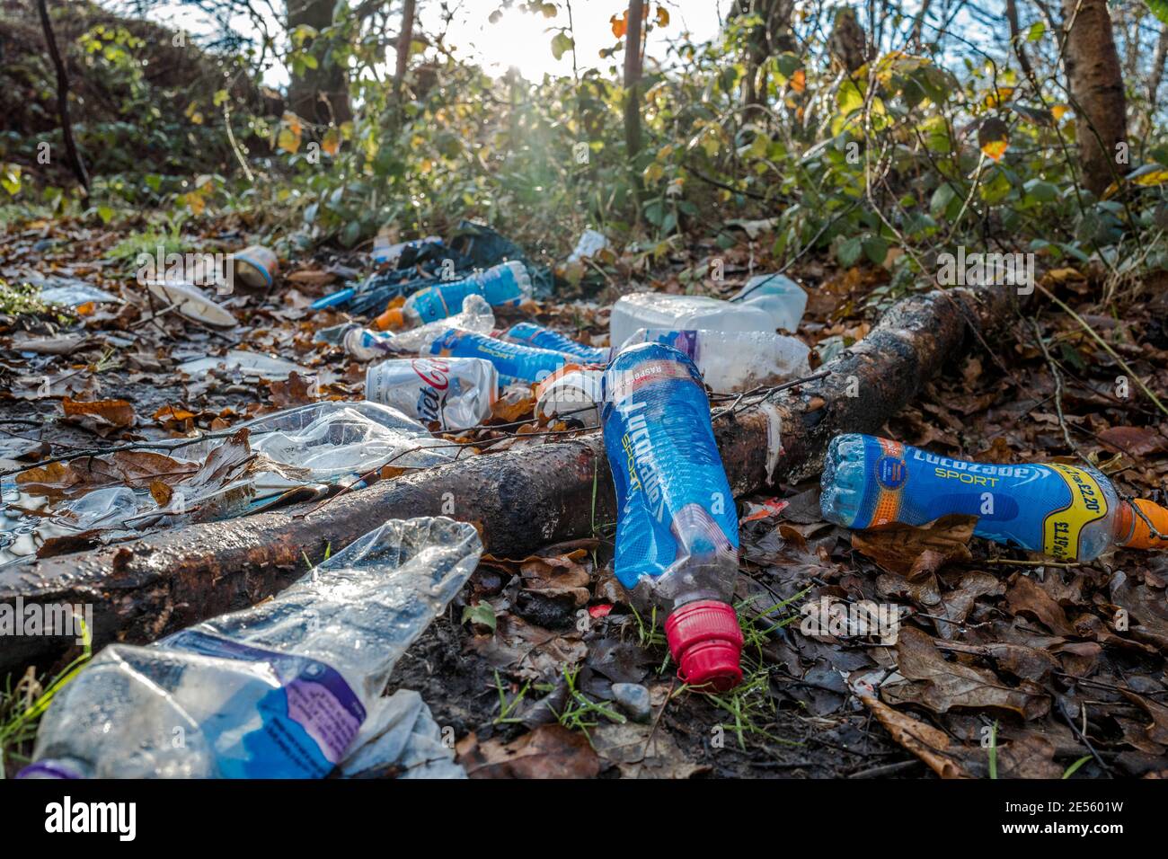 Empty discarded plastic drink bottles dumped in the countryside Stock ...