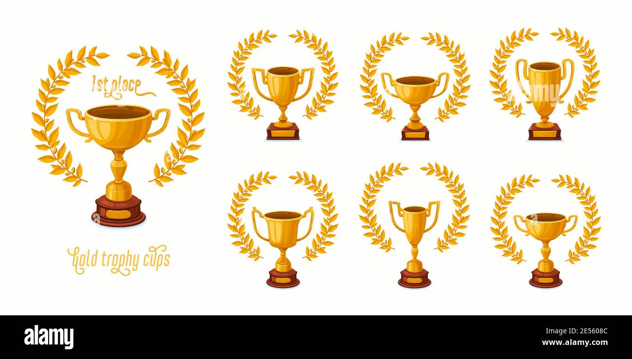 Gold trophy cups with laurel wreaths. Trophy award cups set with ...