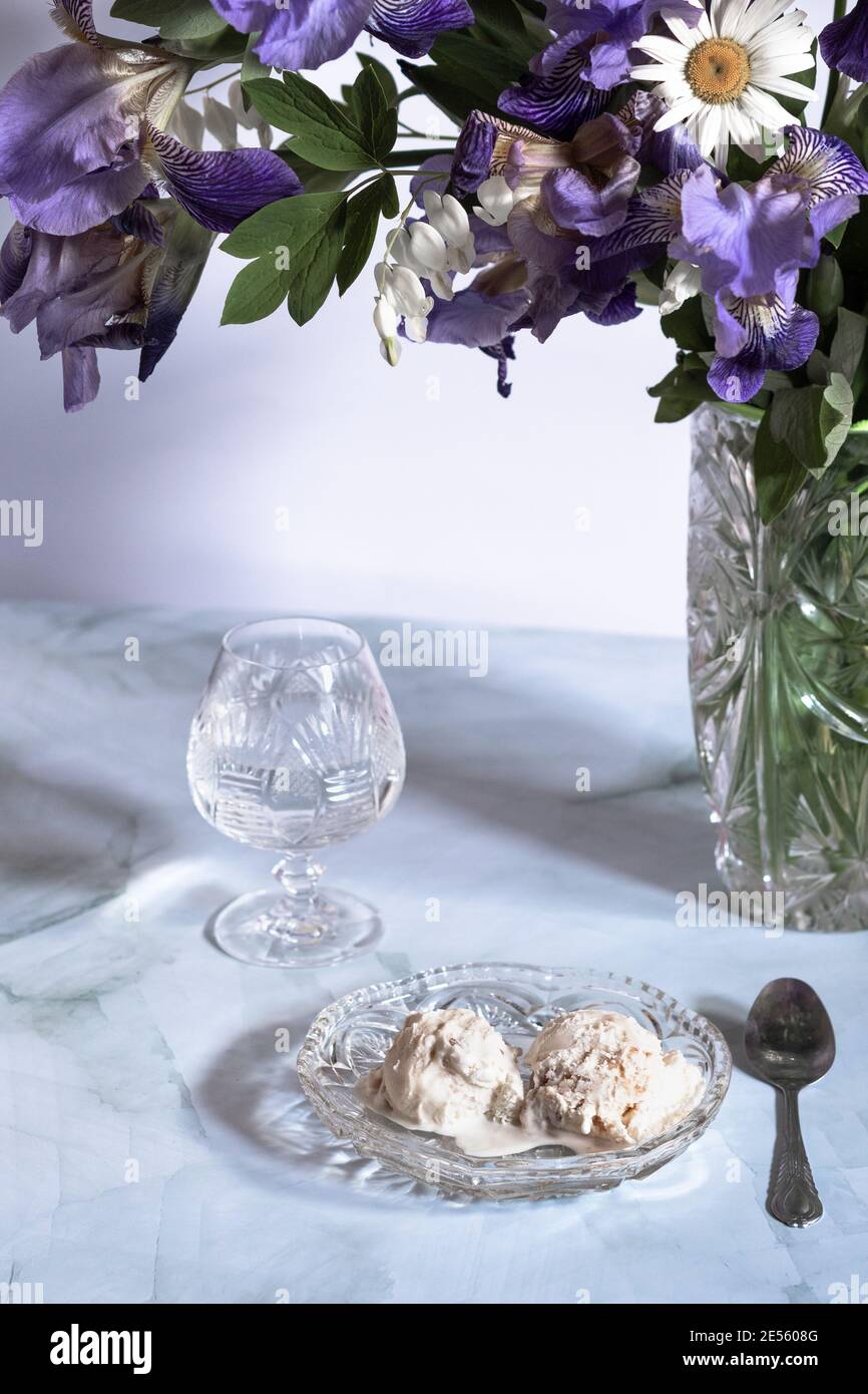 Still life with crystal, Vanilla ice cream Stock Photo - Alamy