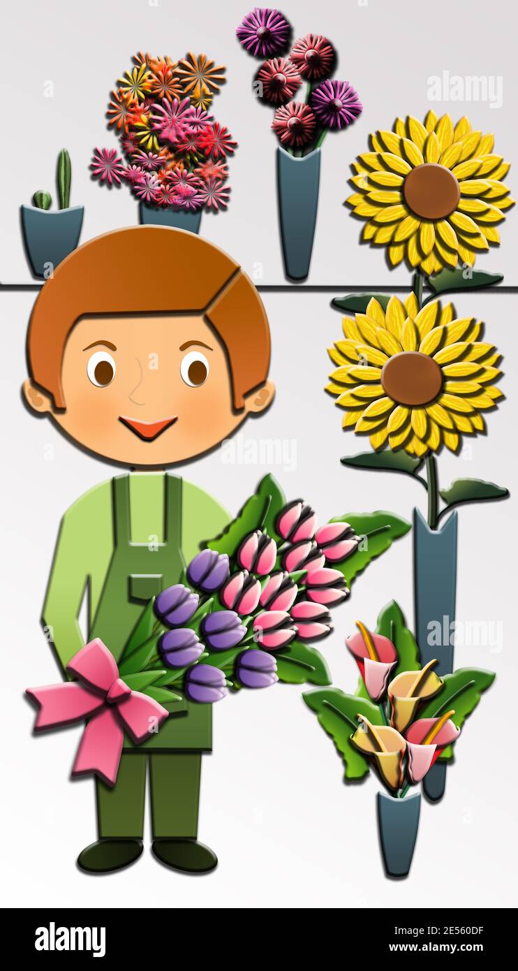 Cartoon of a cute Happy Flower Shop, with different flower in the ...