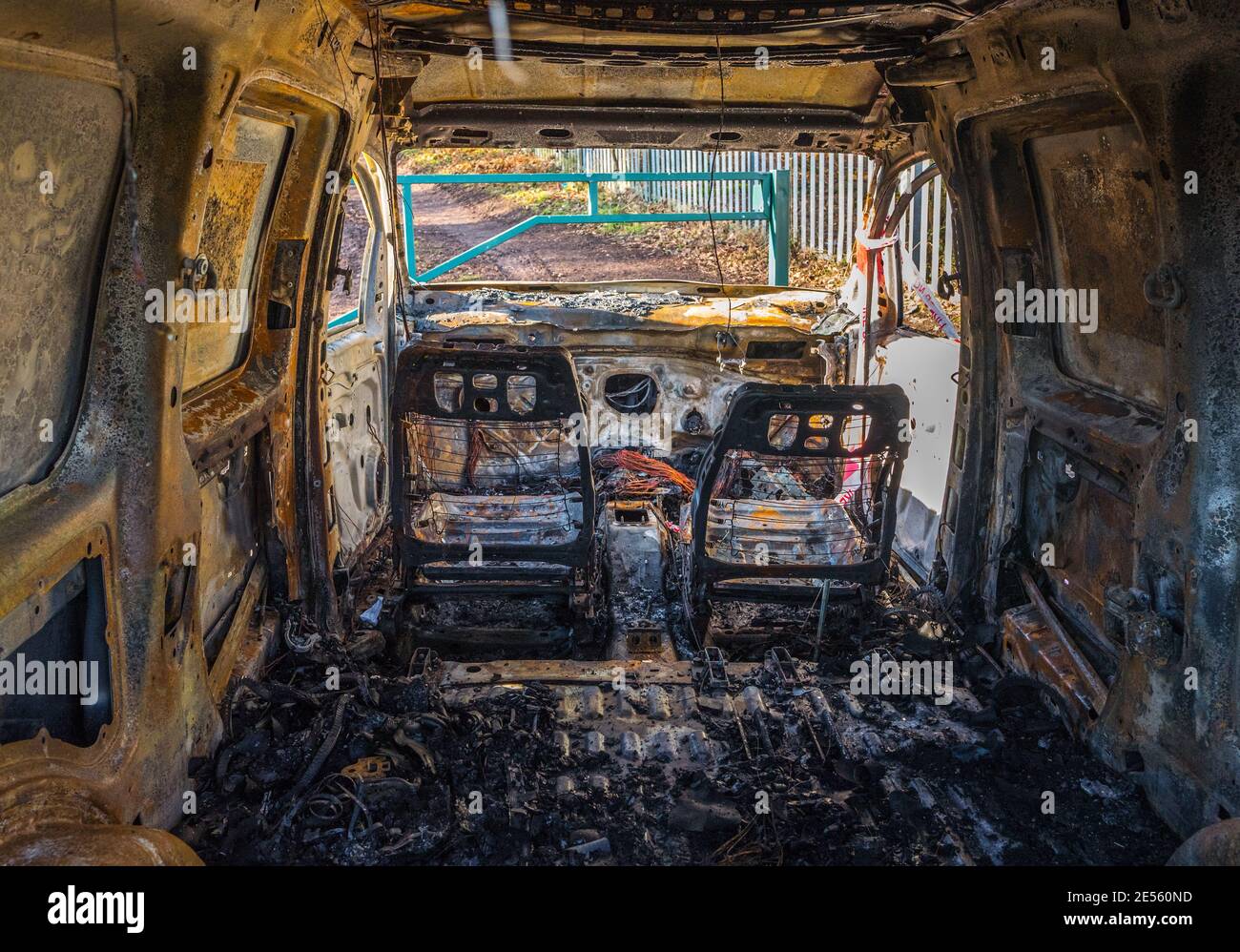 Inside of a burnt out vehicle Stock Photo - Alamy