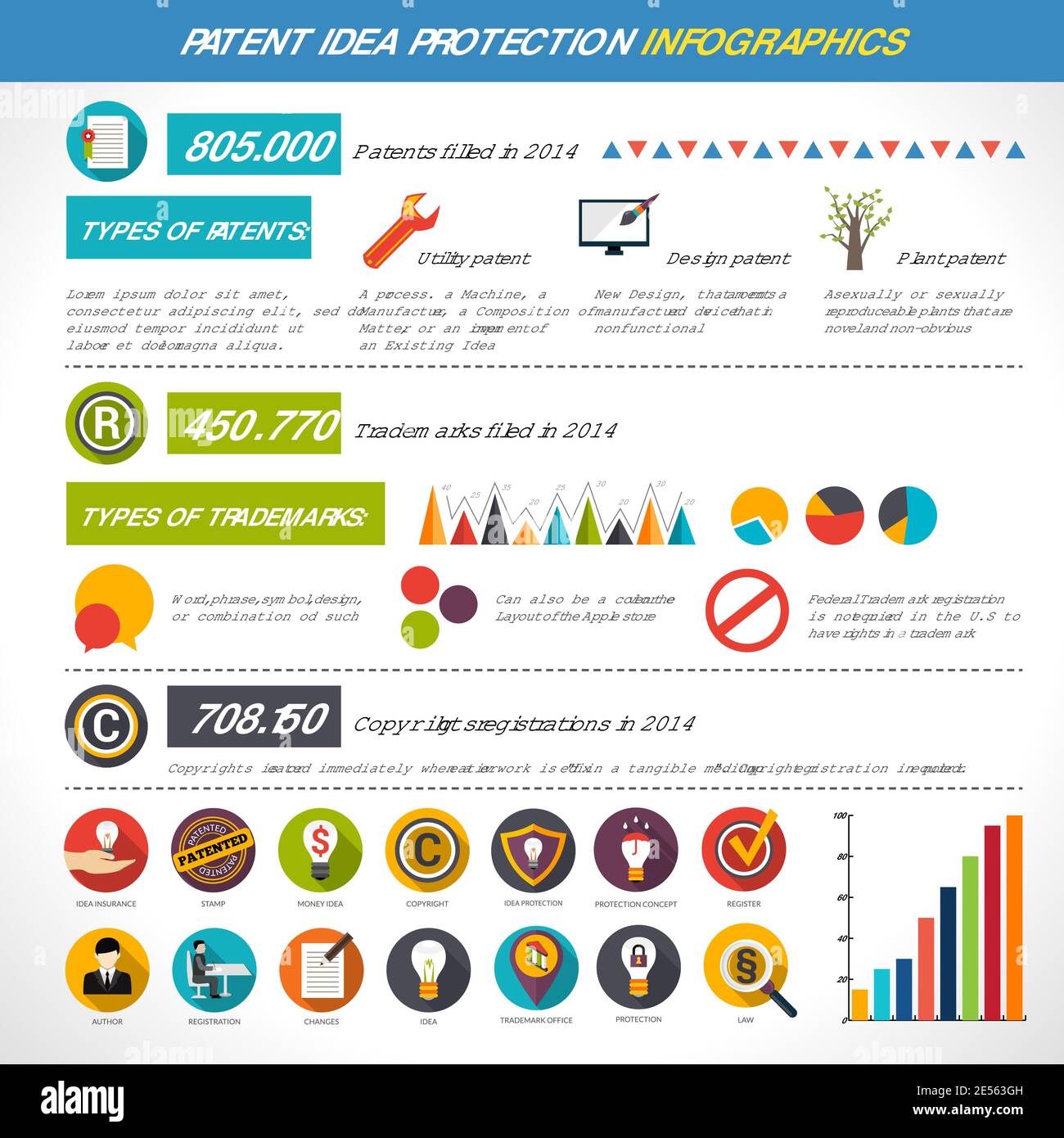 Patent idea protection infographic elements set with diagrams and ...