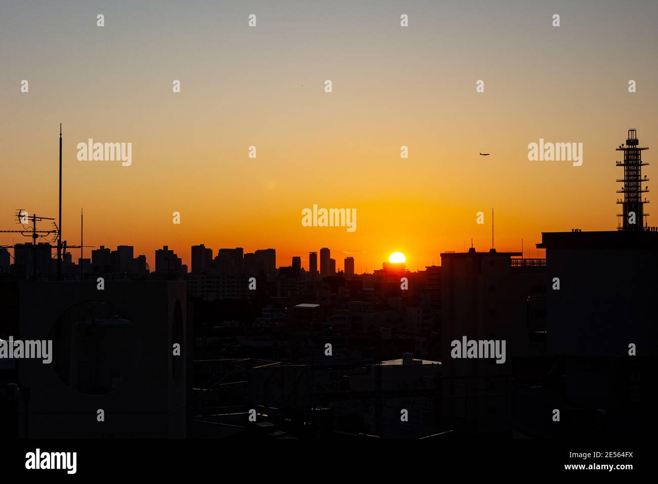 Beautiful sunset view with cityscape with tall buildings Stock Photo ...
