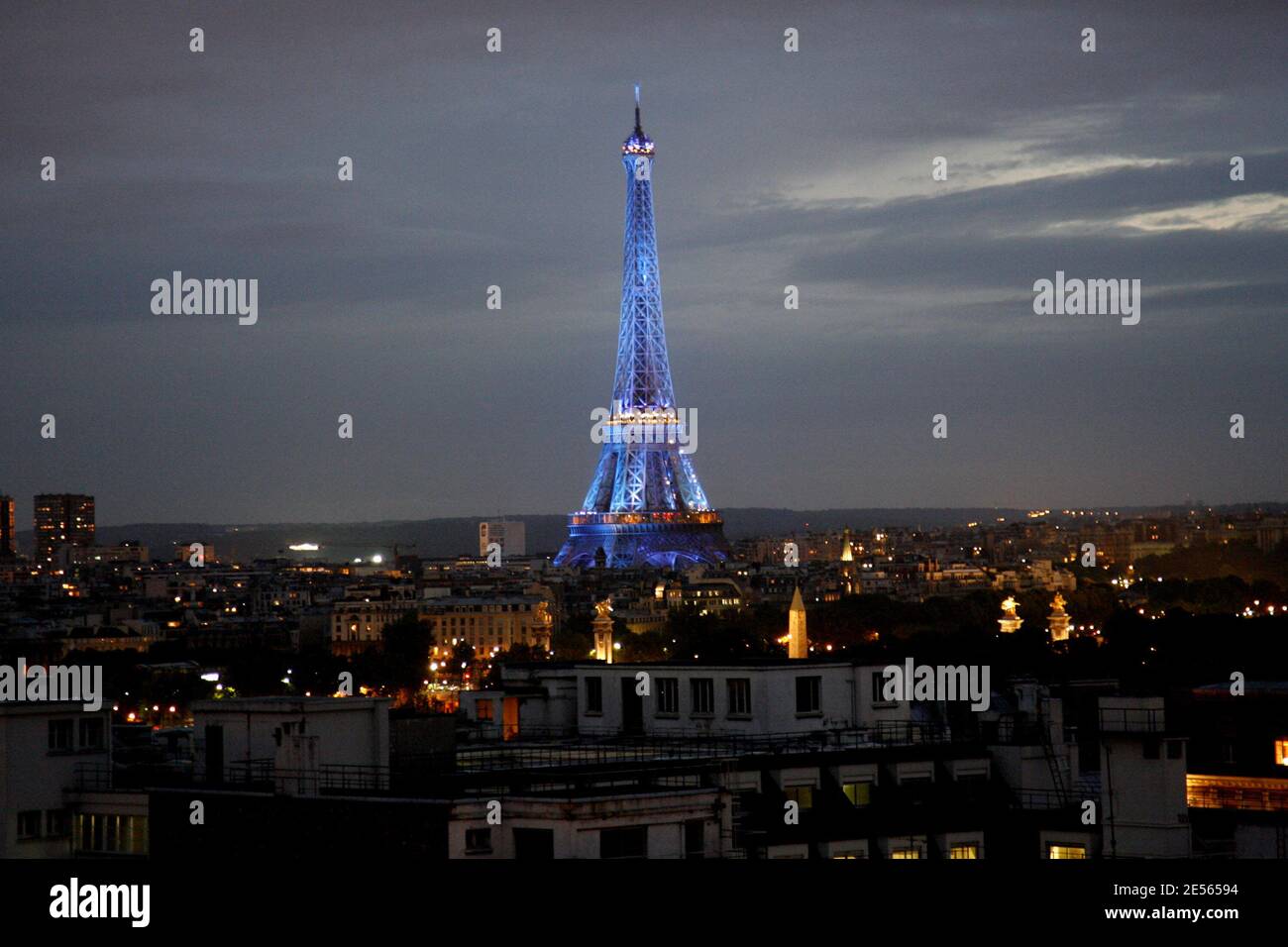 The Eiffel Tower showing European colours seen by the height of the ...
