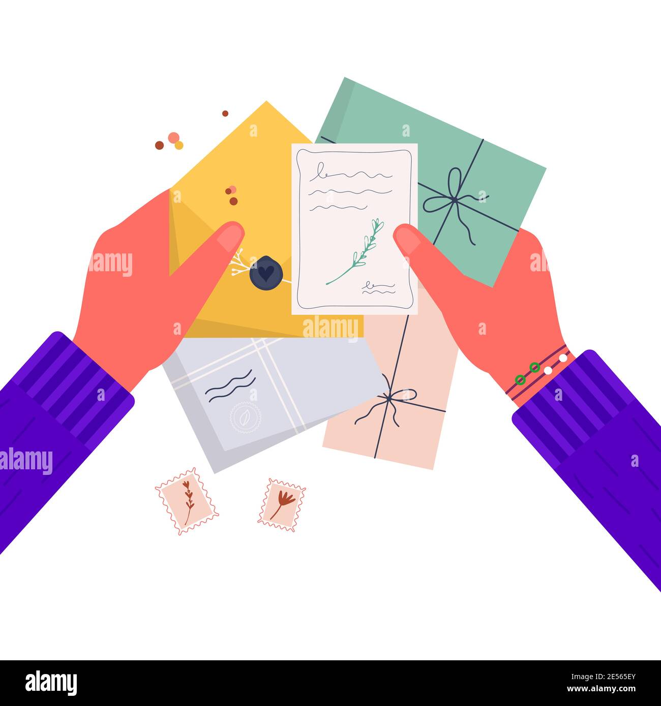 Hands holding envelope with stamps. People sending written letter or ...