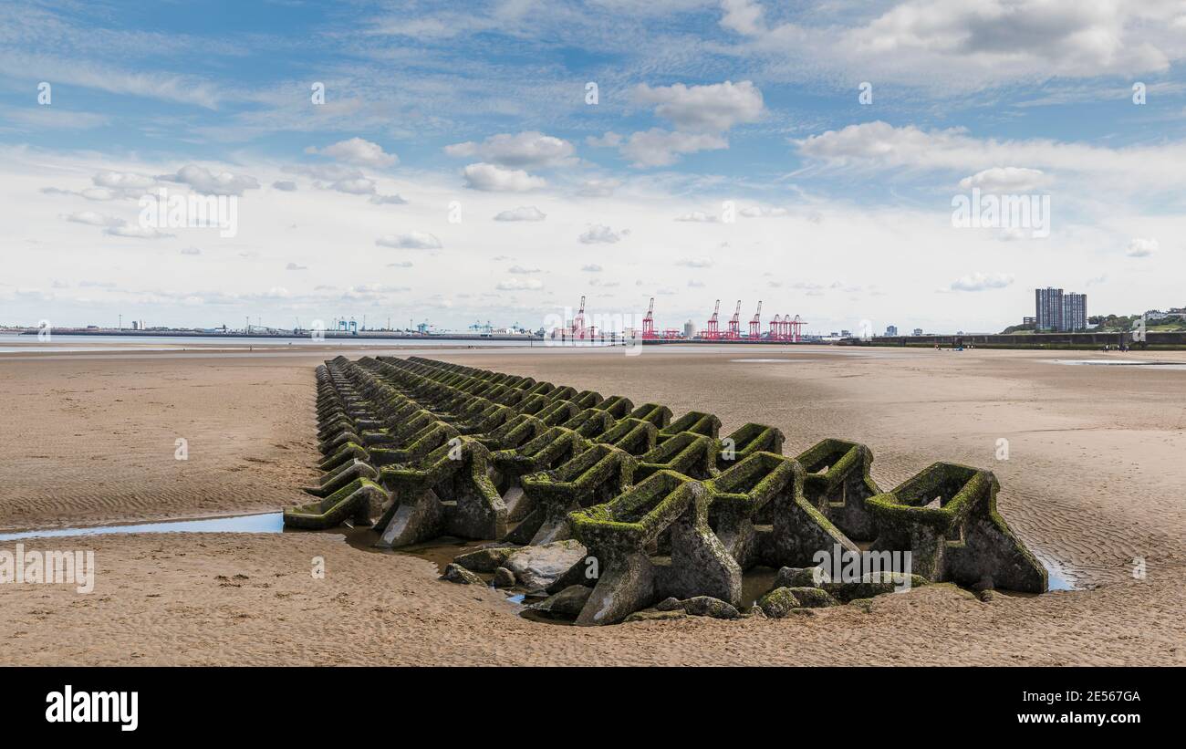 Honeycomb sea defence on Wallasey beach Stock Photo - Alamy