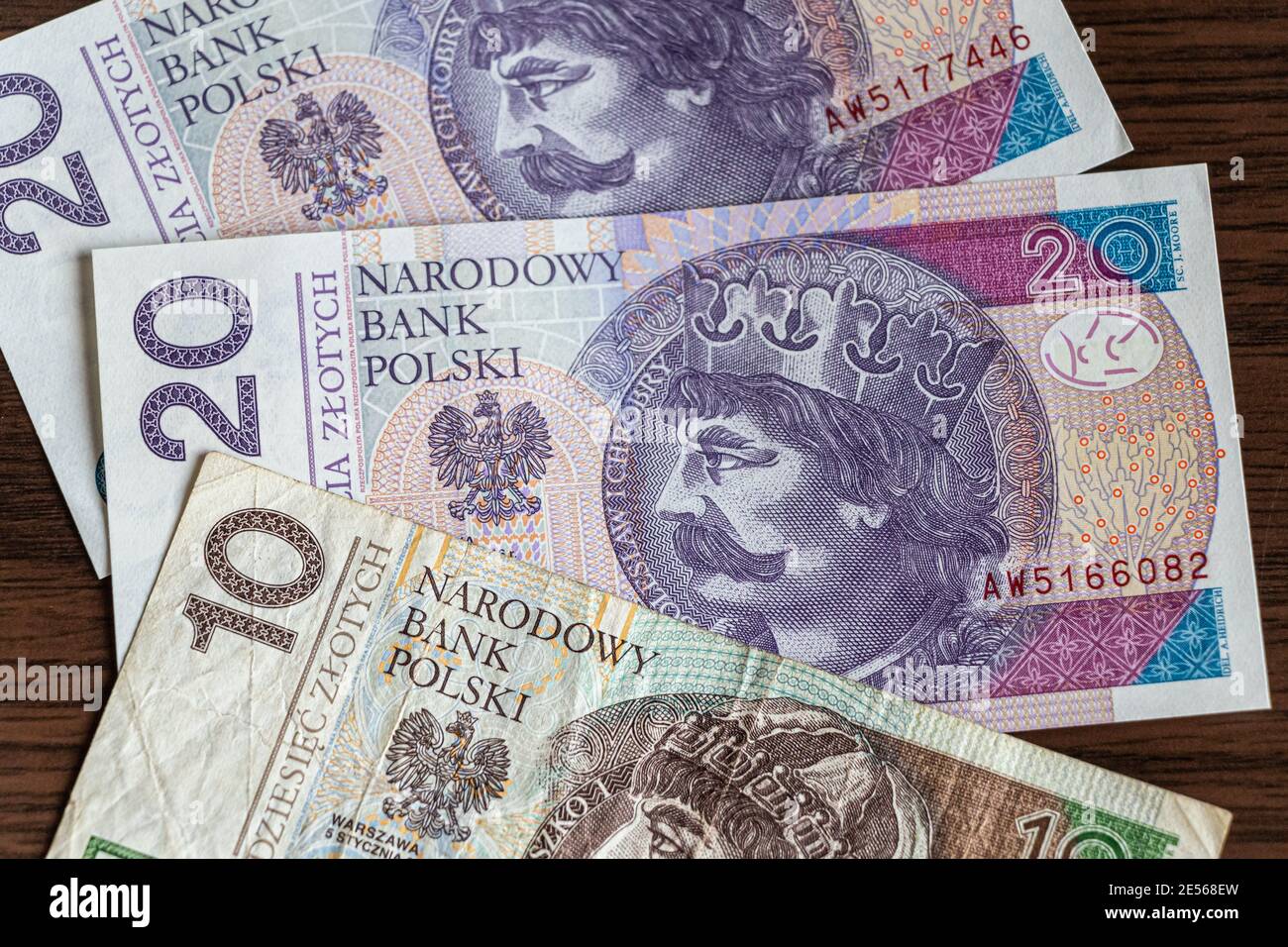 Close-up of Polish paper money. Banknotes worth twenty and ten zloty ...